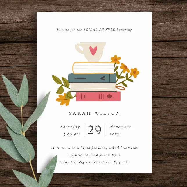 Elegant Dusky Stacked Books Floral Bridal Shower Invitation | Zazzle