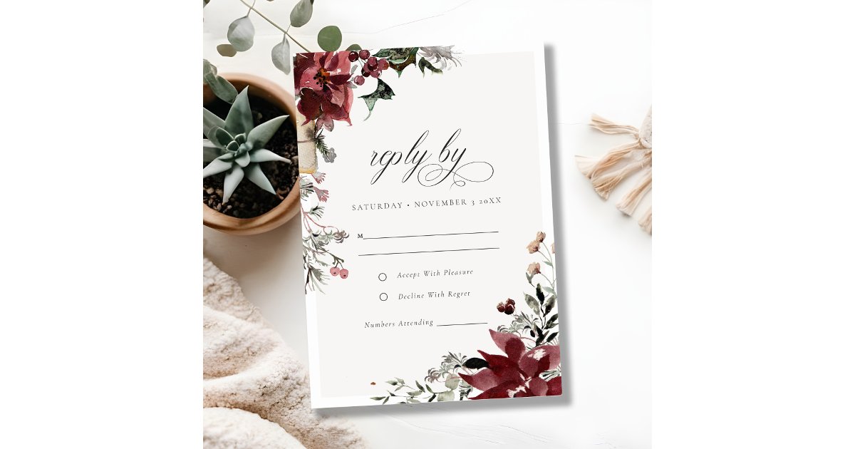 Elegant Dusky Warm Winter Festive Foliage Wedding RSVP Card | Zazzle