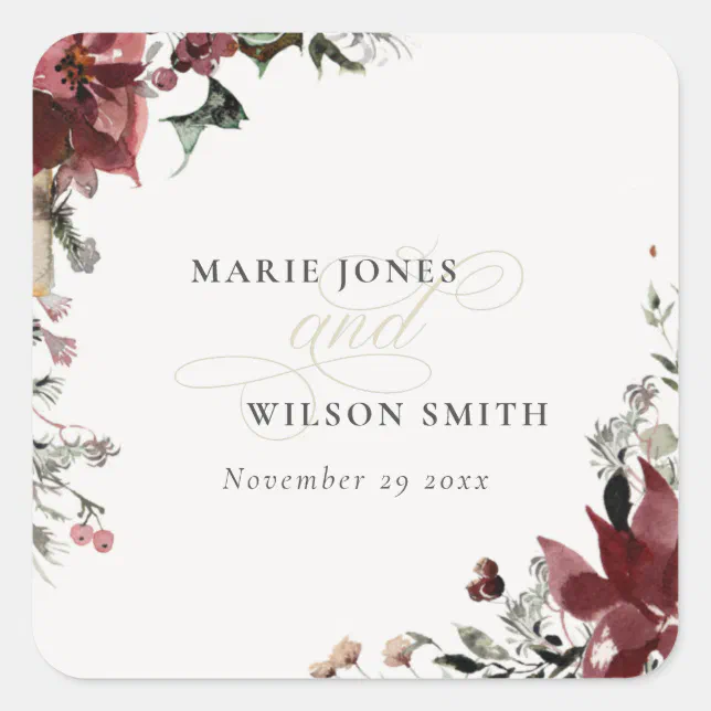 Elegant Dusky Warm Winter Festive Foliage Wedding Square Sticker | Zazzle