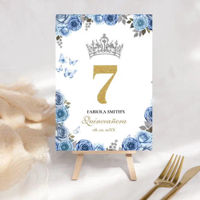 Elegant dusty blue and gold quinceanera table number | Zazzle