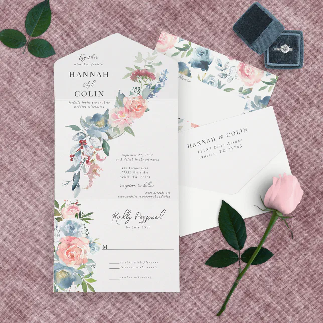 Elegant Dusty Blue and Rose Floral Swag All In One Invitation | Zazzle