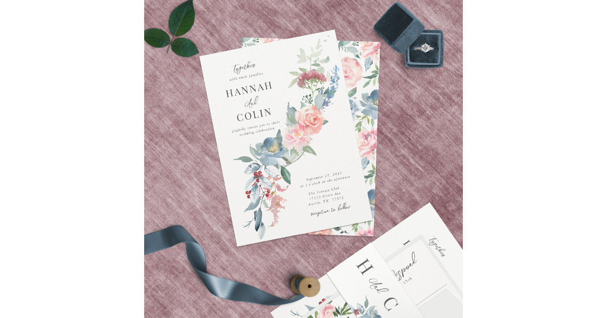 Elegant Dusty Blue and Rose Floral Swag Invitation | Zazzle