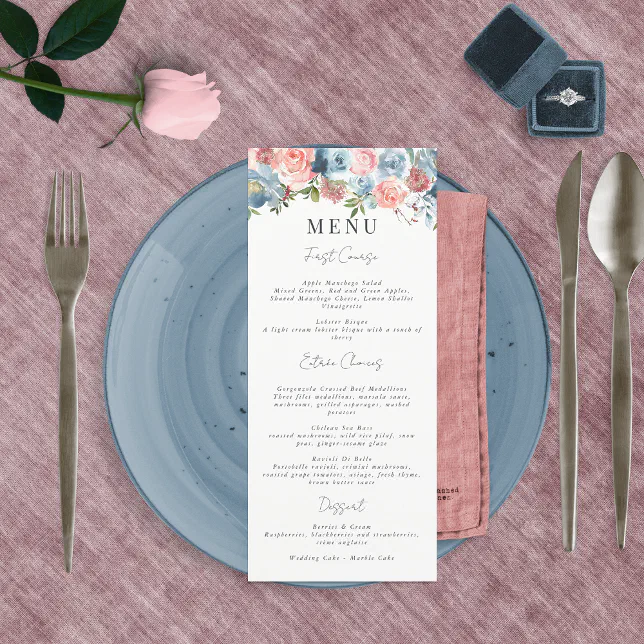 Elegant Dusty Blue and Rose Floral Swag Menu | Zazzle