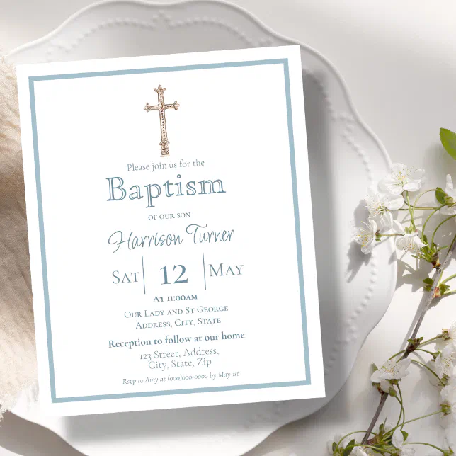 Elegant Dusty Blue | Baptism Invitation | Zazzle