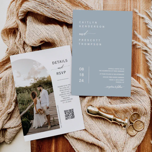 Elegant Dusty Blue Boho Photo QR Code Wedding Invi Invitation | Zazzle