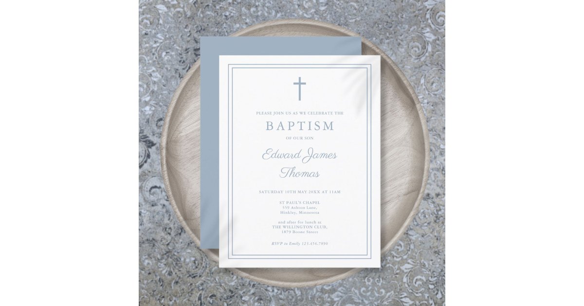 Elegant Dusty Blue Border Baptism Invitation Postcard | Zazzle