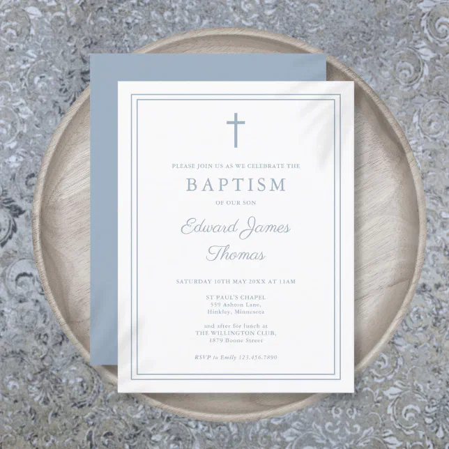 Elegant Dusty Blue Border Baptism Invitation Postcard | Zazzle