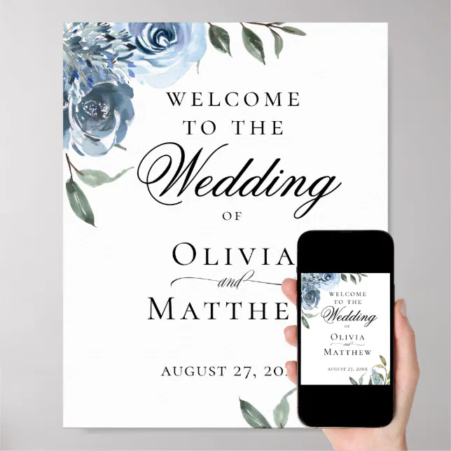 Elegant Dusty Blue Botanical Wedding Welcome Poster | Zazzle