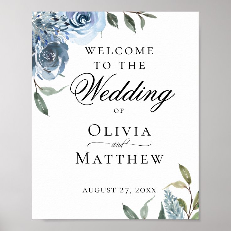 Elegant Dusty Blue Botanical Wedding Welcome Poster | Zazzle