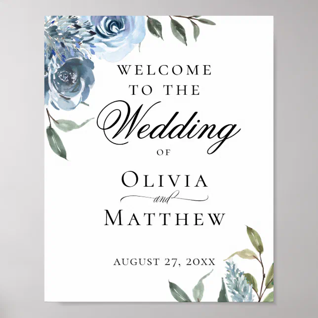 Elegant Dusty Blue Botanical Wedding Welcome Poster | Zazzle