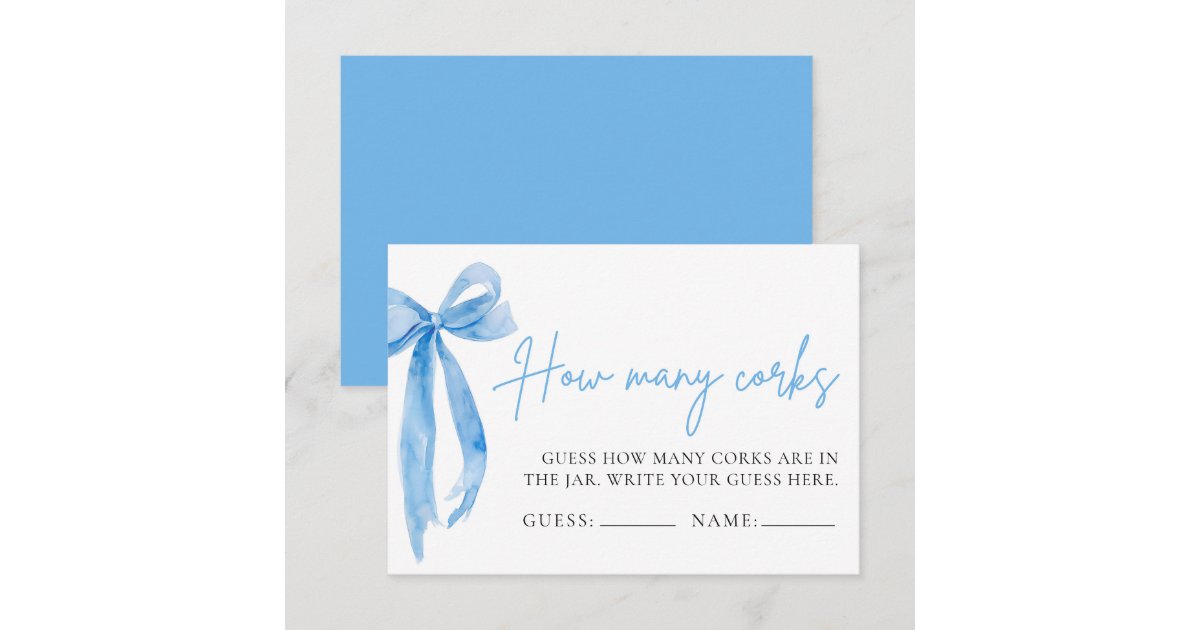 Elegant Dusty Blue Bow Guess How Many Corks Game Invitation | Zazzle