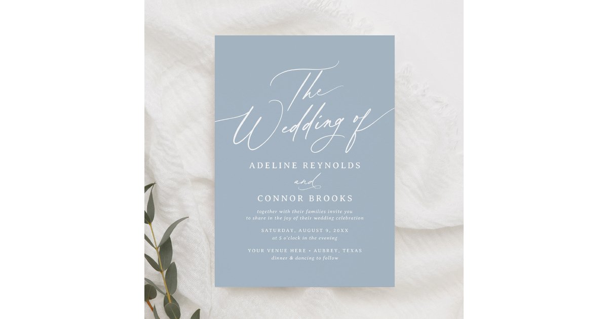 Elegant Dusty Blue Calligraphy Wedding Invitation | Zazzle