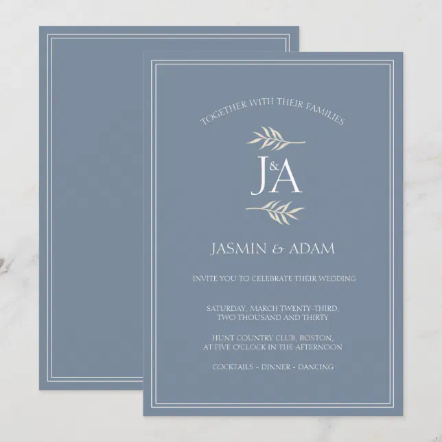 Elegant Dusty Blue Classic Initials Wedding Invitation | Zazzle