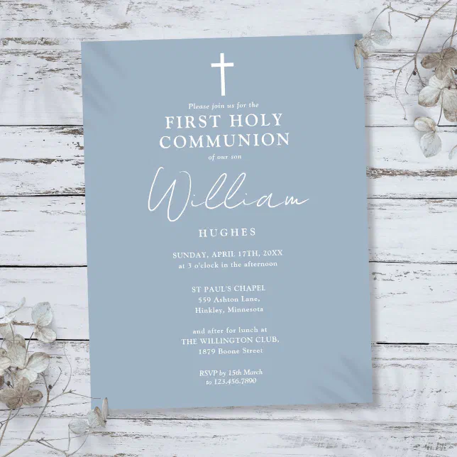 Elegant Dusty Blue First Holy Communion Invitation Postcard | Zazzle