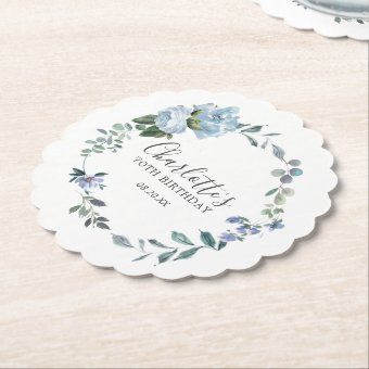 Elegant Dusty Blue Floral 70th Birthday Custom Paper Coaster | Zazzle