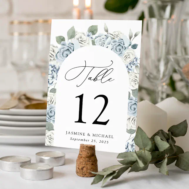 Elegant Dusty Blue Floral Arch Wedding Table Number | Zazzle