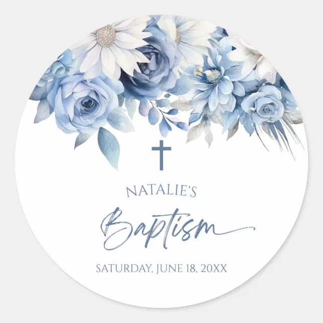 Elegant Dusty Blue Floral Baptism Classic Round Sticker | Zazzle