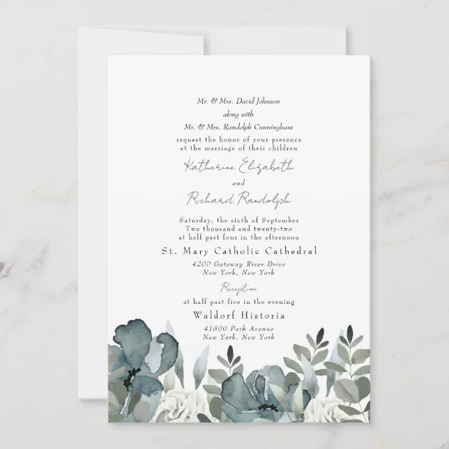 Elegant Dusty Blue Floral Both Parents Wedding Invitation | Zazzle
