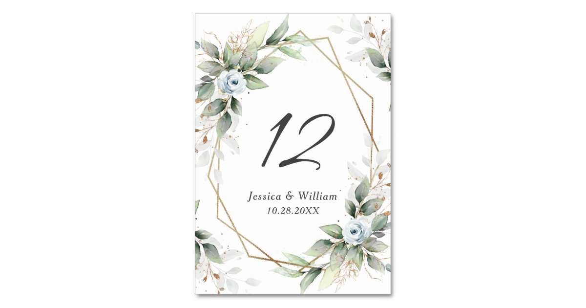 Elegant Dusty Blue Floral Foliage Wedding Table Number | Zazzle