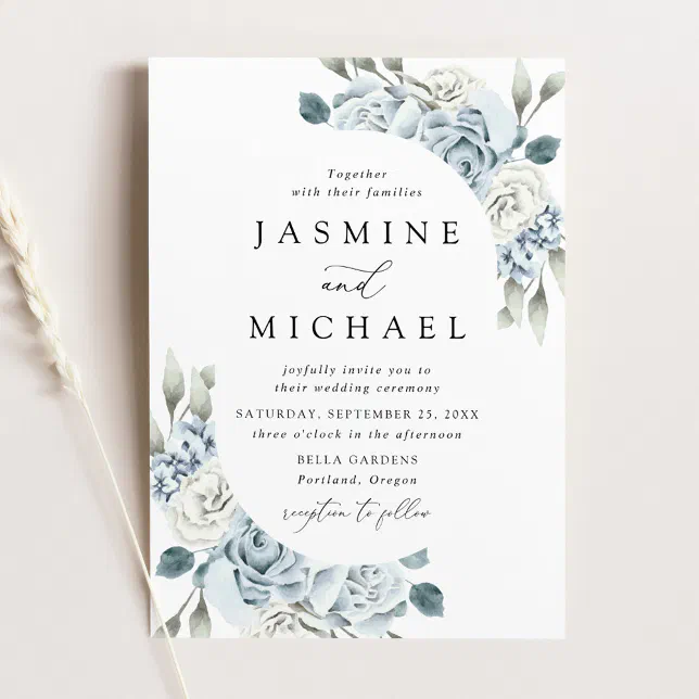 Elegant Dusty Blue Floral Frame Wedding Invitation | Zazzle