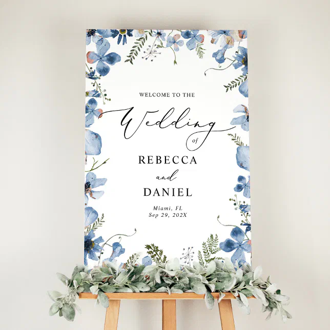 Elegant Dusty Blue Floral Frame Wedding Sign | Zazzle