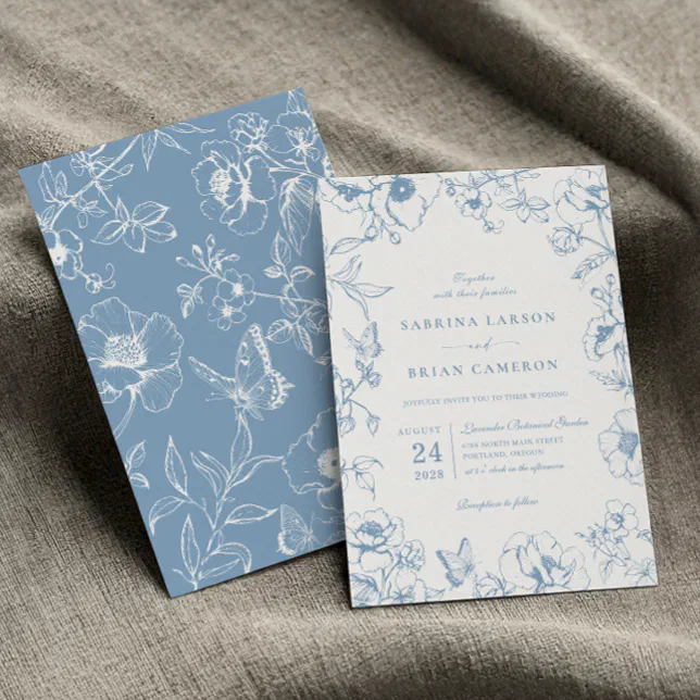 Elegant Dusty Blue Floral Garden Wedding Invitation | Zazzle