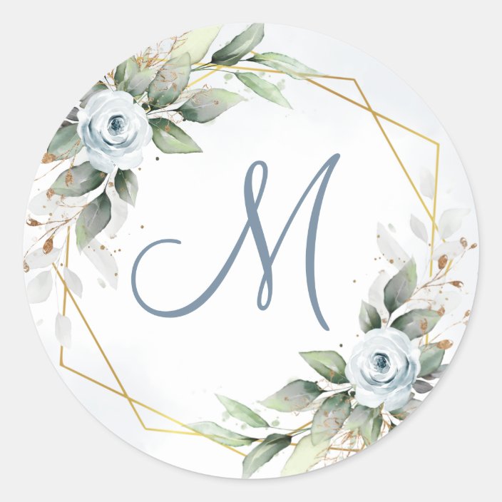 Elegant Dusty Blue Floral Greenery MONOGRAM Classic Round Sticker ...