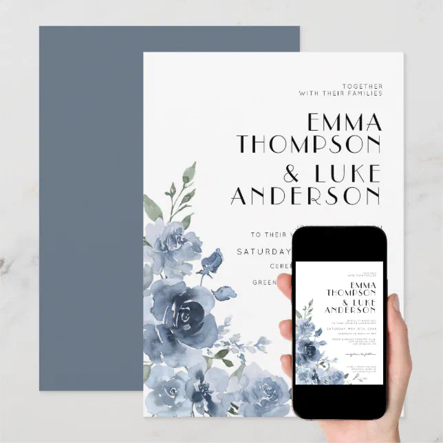 Elegant Dusty Blue Floral Pastel Wedding Invitation | Zazzle