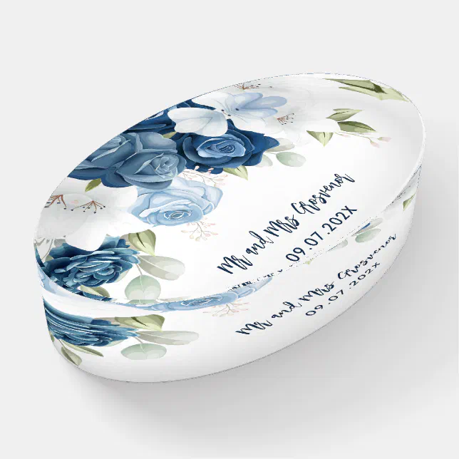 Elegant Dusty Blue Floral Script Custom Wedding Paperweight | Zazzle