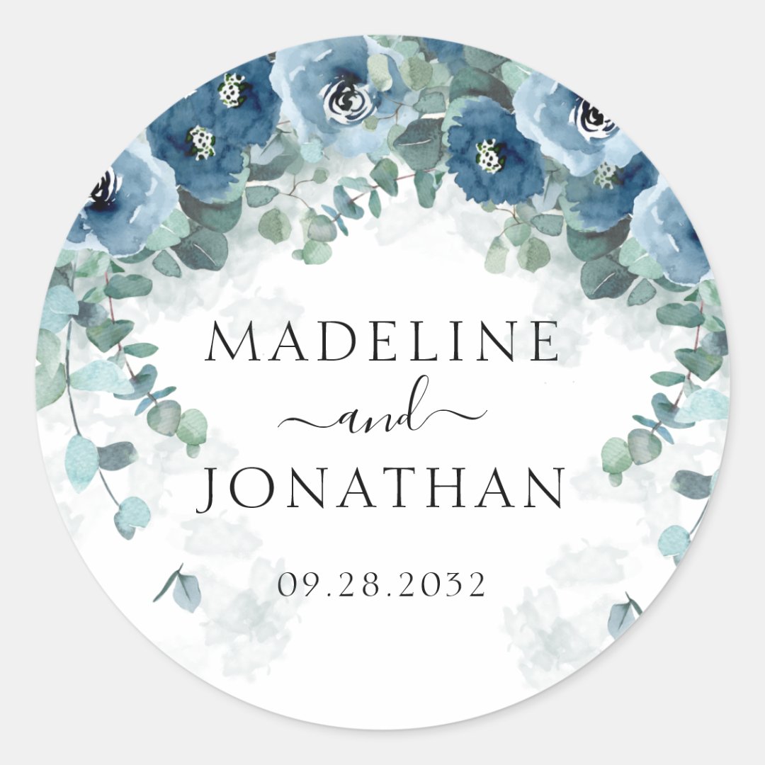 Elegant Dusty Blue Floral Square Border Wedding Classic Round Sticker ...