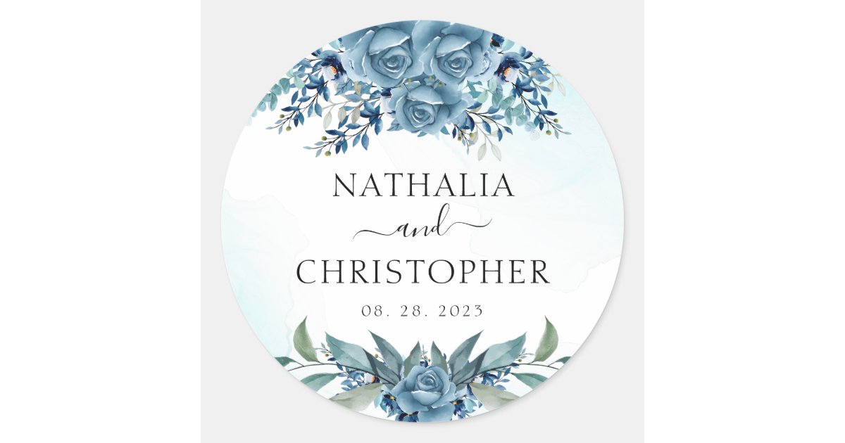 Elegant Dusty Blue Floral Watercolor Border Classic Round Sticker | Zazzle