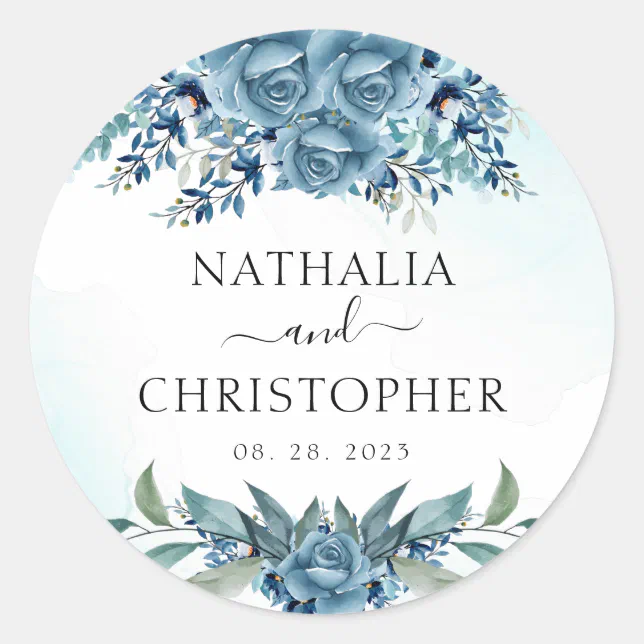 Elegant Dusty Blue Floral Watercolor Border Classic Round Sticker | Zazzle