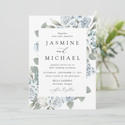 Elegant Dusty Blue Floral Wedding Invitation | Zazzle
