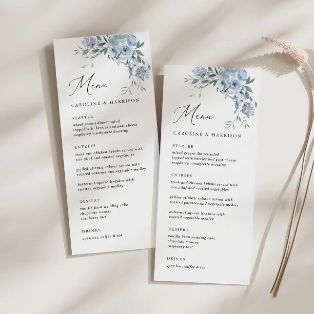 Elegant Dusty Blue Floral Wedding Menu | Zazzle