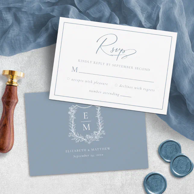 Elegant Dusty Blue Floral Wedding Monogram Crest RSVP Card | Zazzle