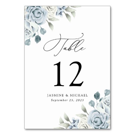 Elegant Dusty Blue Floral Wedding Table Number | Zazzle