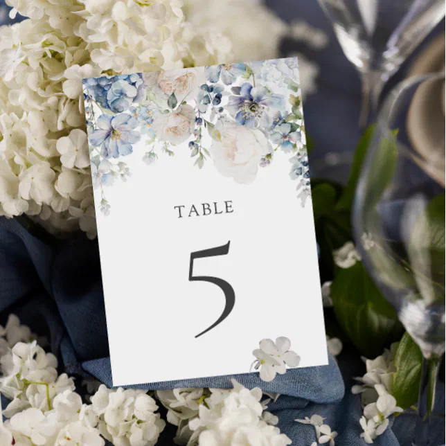 Elegant Dusty Blue Floral Wedding Table Number | Zazzle