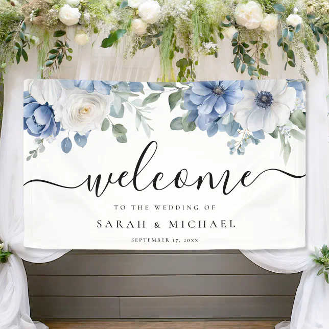 Elegant Dusty Blue Floral Wedding Welcome Banner | Zazzle