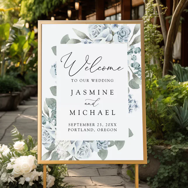 Elegant Dusty Blue Floral Wedding Welcome Poster | Zazzle