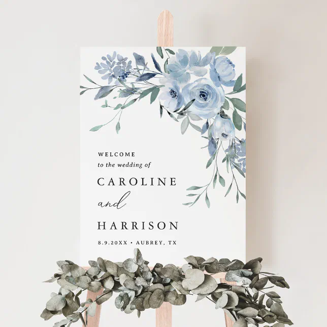 Elegant Dusty Blue Floral Wedding Welcome Sign | Zazzle