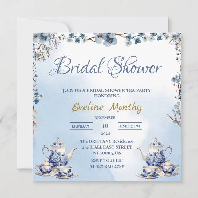elegant dusty blue flowers tea party bridal shower invitation | Zazzle