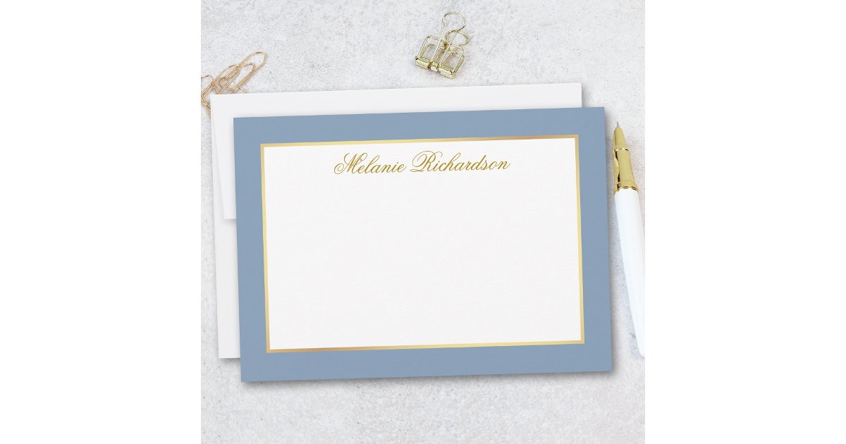 Elegant Dusty Blue Gold Frame - Choose Size - Note Card | Zazzle