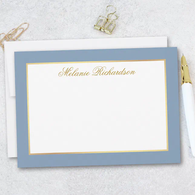 Elegant Dusty Blue Gold Frame - Choose Size - Note Card | Zazzle