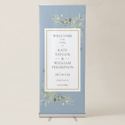 Elegant Dusty Blue Greenery Wedding Welcome Retractable Banner | Zazzle