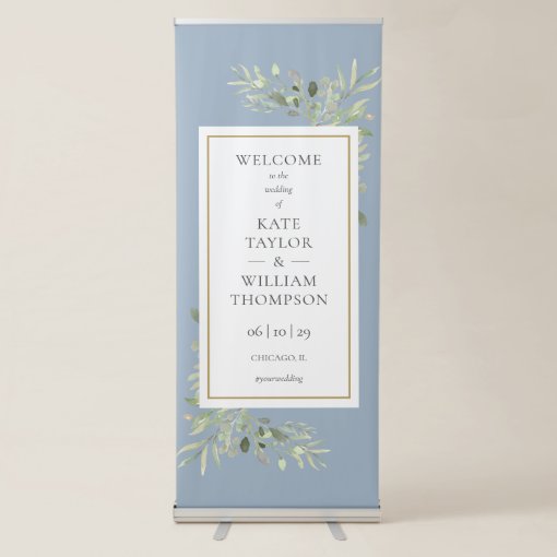 Elegant Dusty Blue Greenery Wedding Welcome Retractable Banner | Zazzle