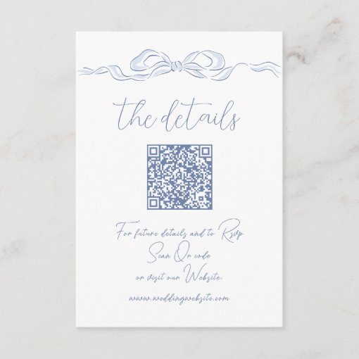 Elegant Dusty Blue Hand Drawn Bow QR Code Details Enclosure Card | Zazzle