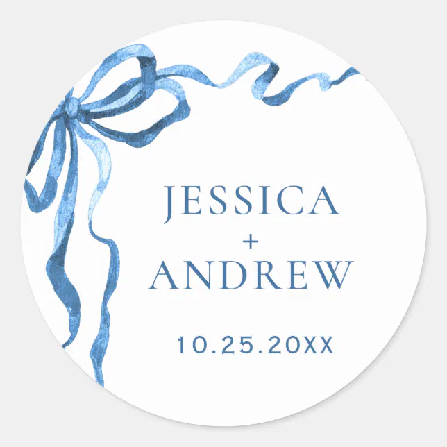 Elegant Dusty Blue Hand Drawn Bow Wedding Classic Round Sticker | Zazzle