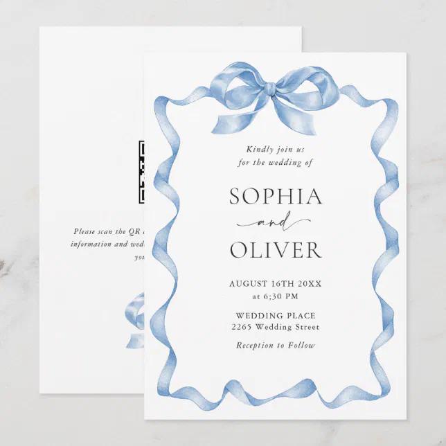 Elegant Dusty Blue Hand Drawn Bow Wedding Invitation | Zazzle