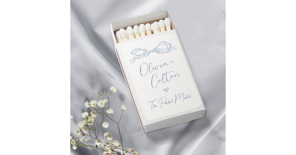 Elegant Dusty Blue Hand Drawn Bow Wedding Matchboxes | Zazzle