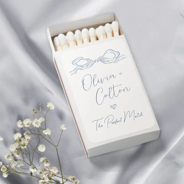 Elegant Dusty Blue Hand Drawn Bow Wedding Matchboxes | Zazzle